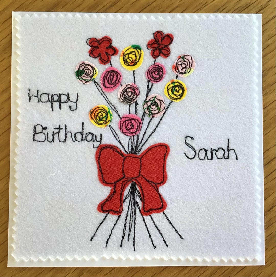 Personalised Floral Bunch of Flowers Birthday Card Textile Card Fabric ...
