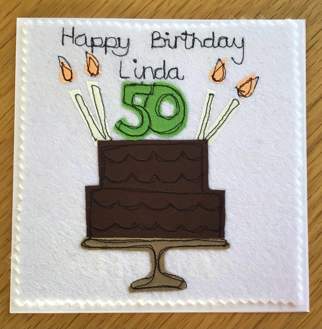Personalised 50th Birthday Card Textile Card Fabric Card Freehand ...