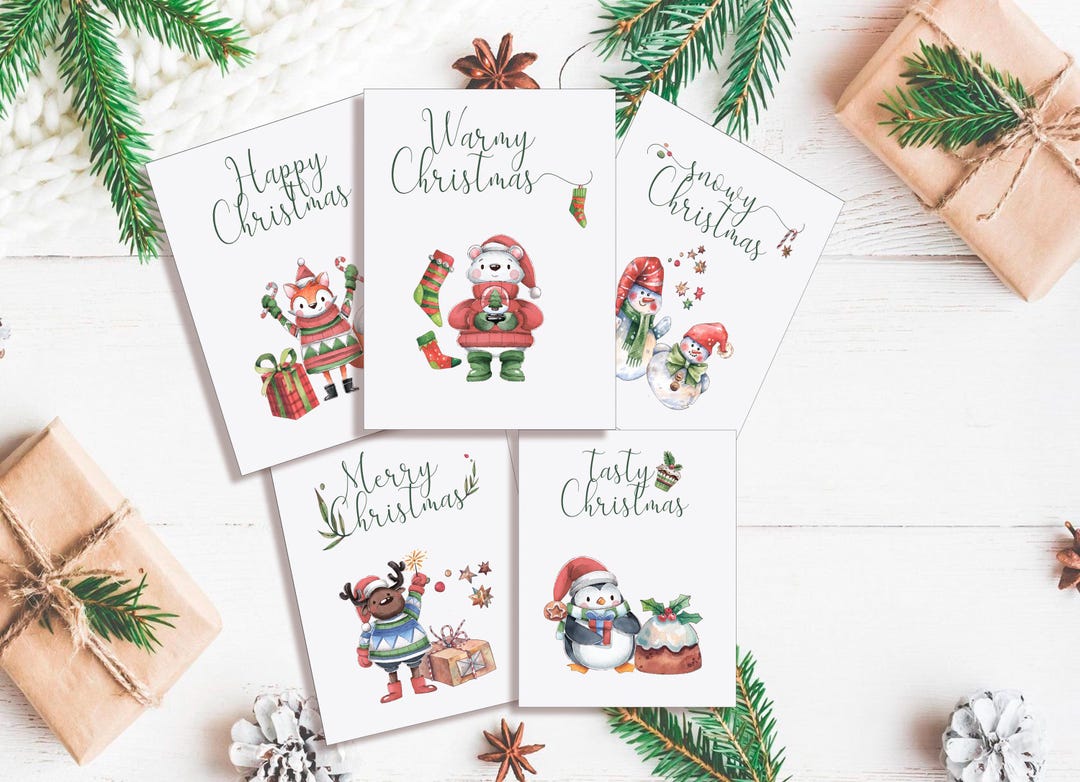 Set of 5 Printable Christmas Cards With Watercolor Illustrations, 4x5 ...