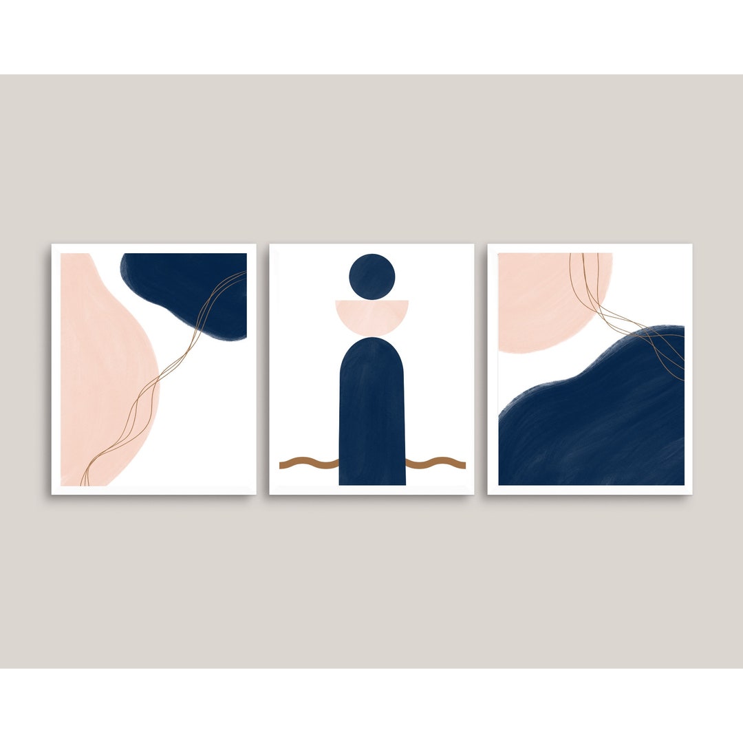 Set of 3 - Blue and Blush Print | Abstract Art | Digital Art | Modern ...