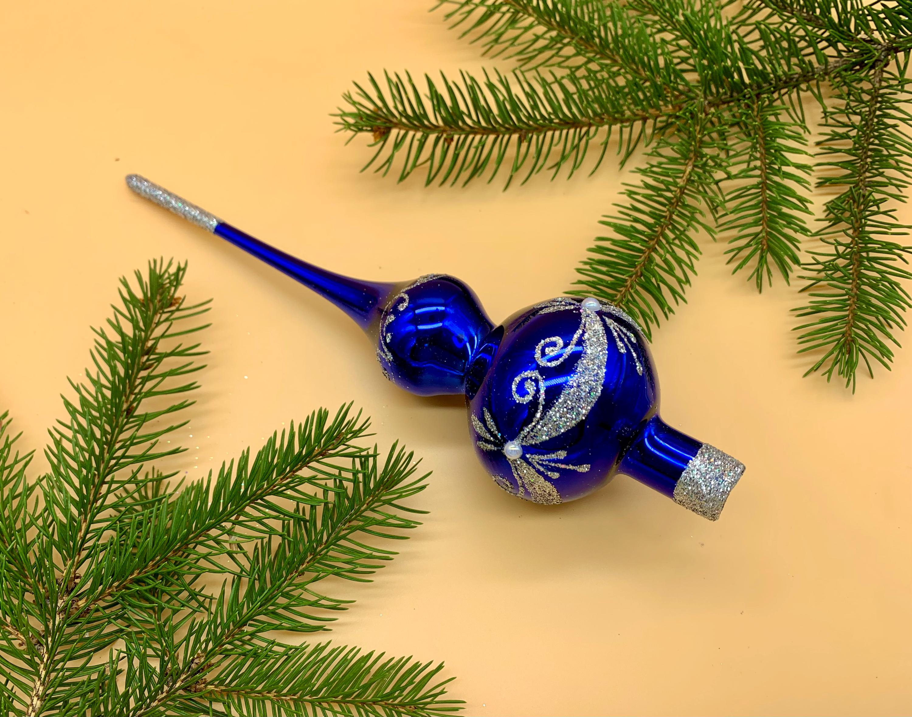 Christmas Glass Decor Small Blue Glass Tree Topper Finial Top Handmade ...