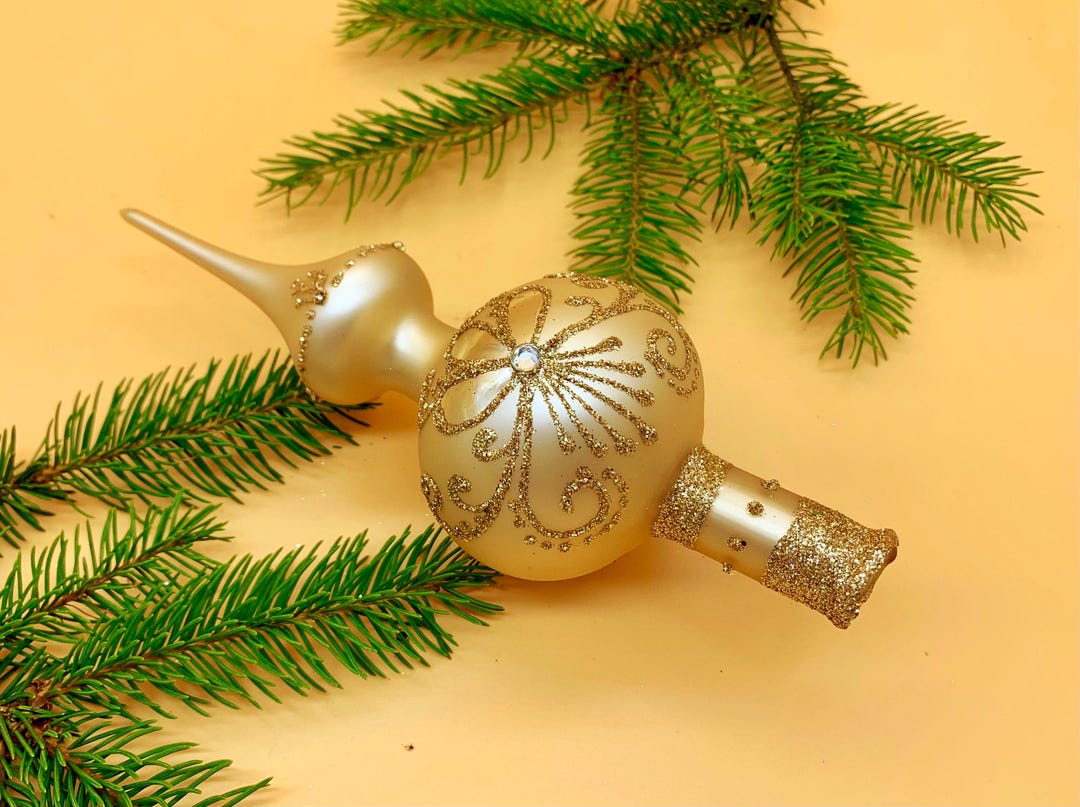Small Glass Tree Topper – Handmade Champagne Gold Finial – Glitter ...
