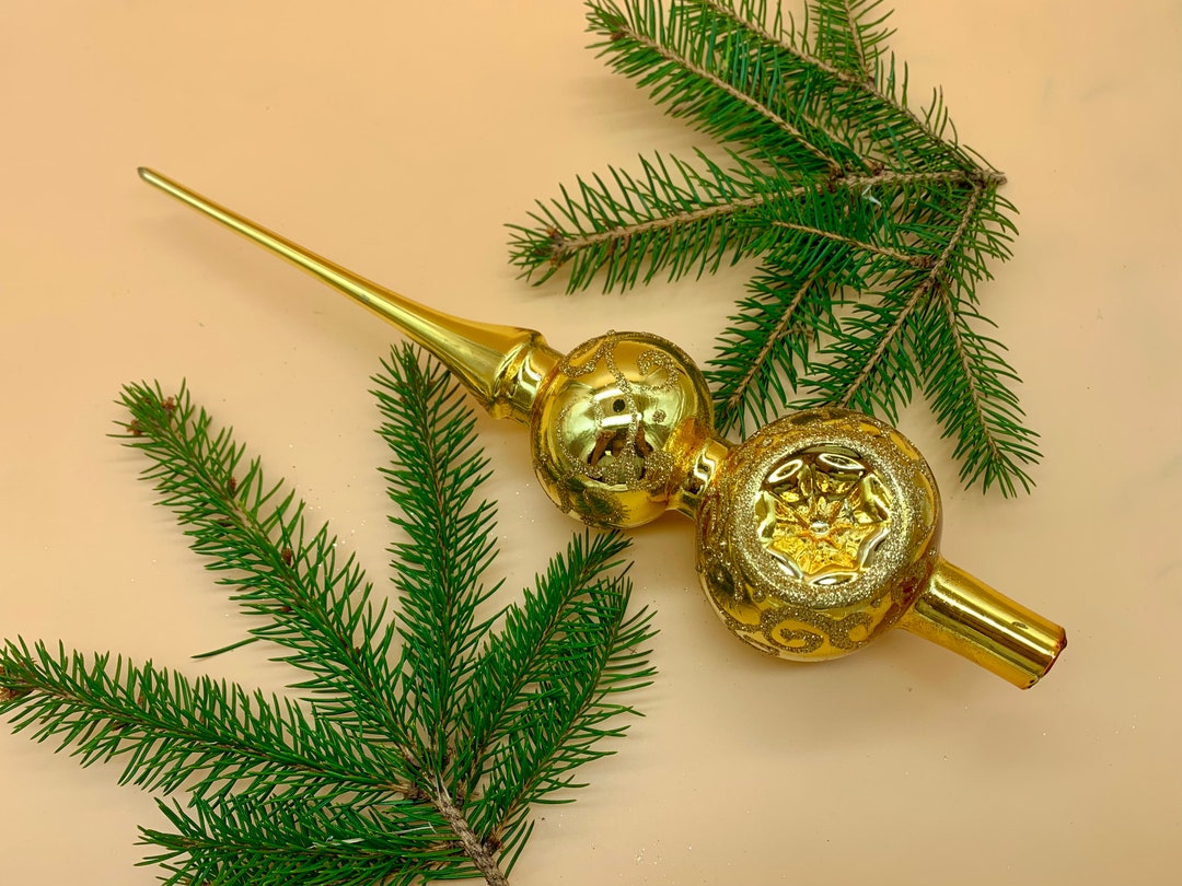 Christmas Glass Decor, Gold Glass Tree Topper With Glitter, Finial Top ...