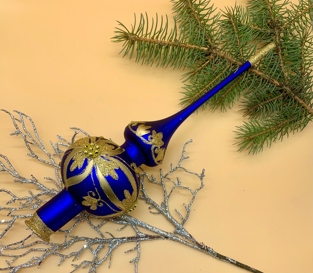 Big Blue Christmas Glass Tree Topper With Pattern, Xmas Glass, Tree ...