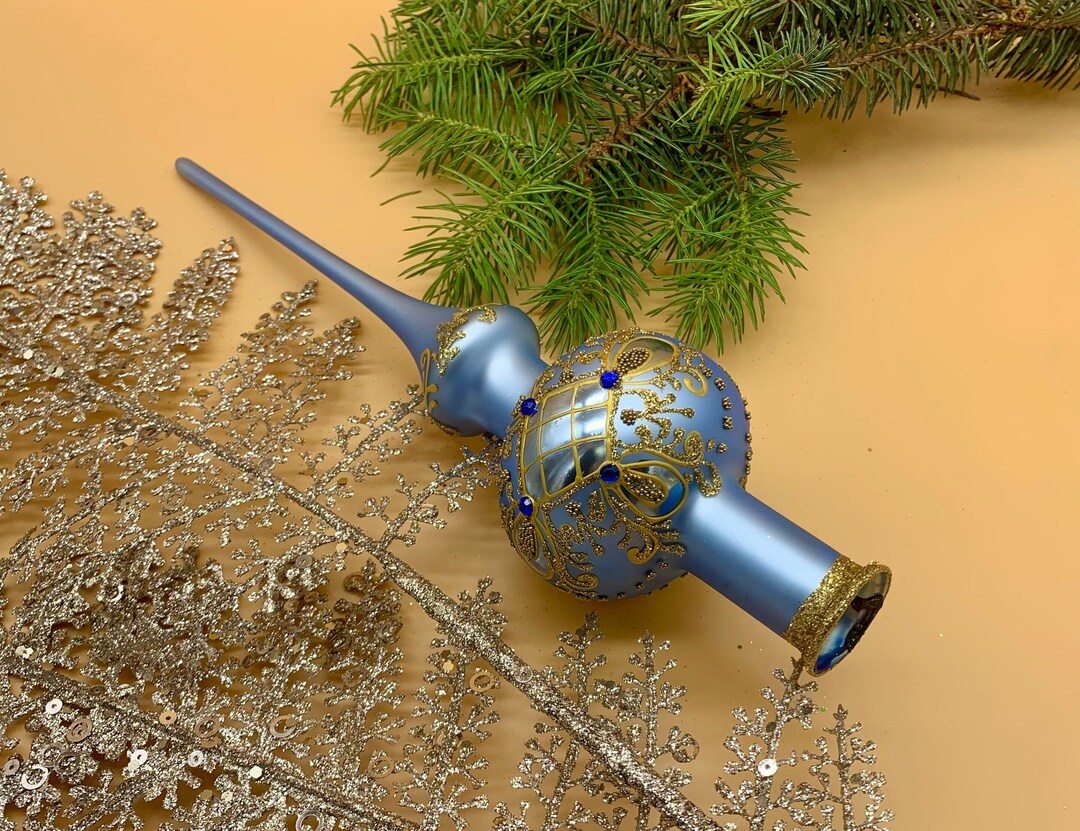Blue Christmas Glass Tree Topper, Glass Top, Tree Decorations, Vintage ...