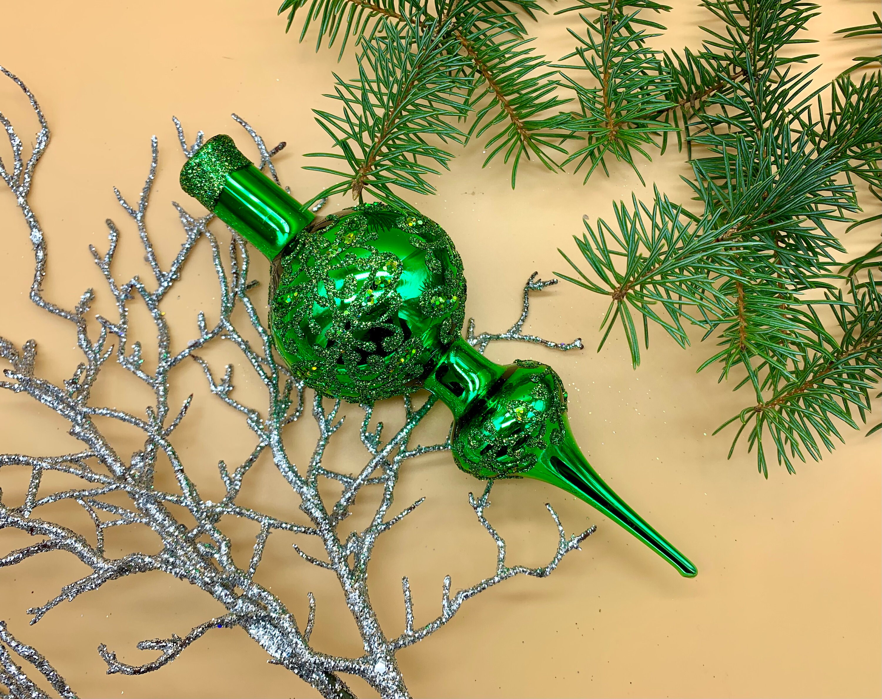 Small Green Christmas Glass Tree Topper, Elegant Old Style Decor ...