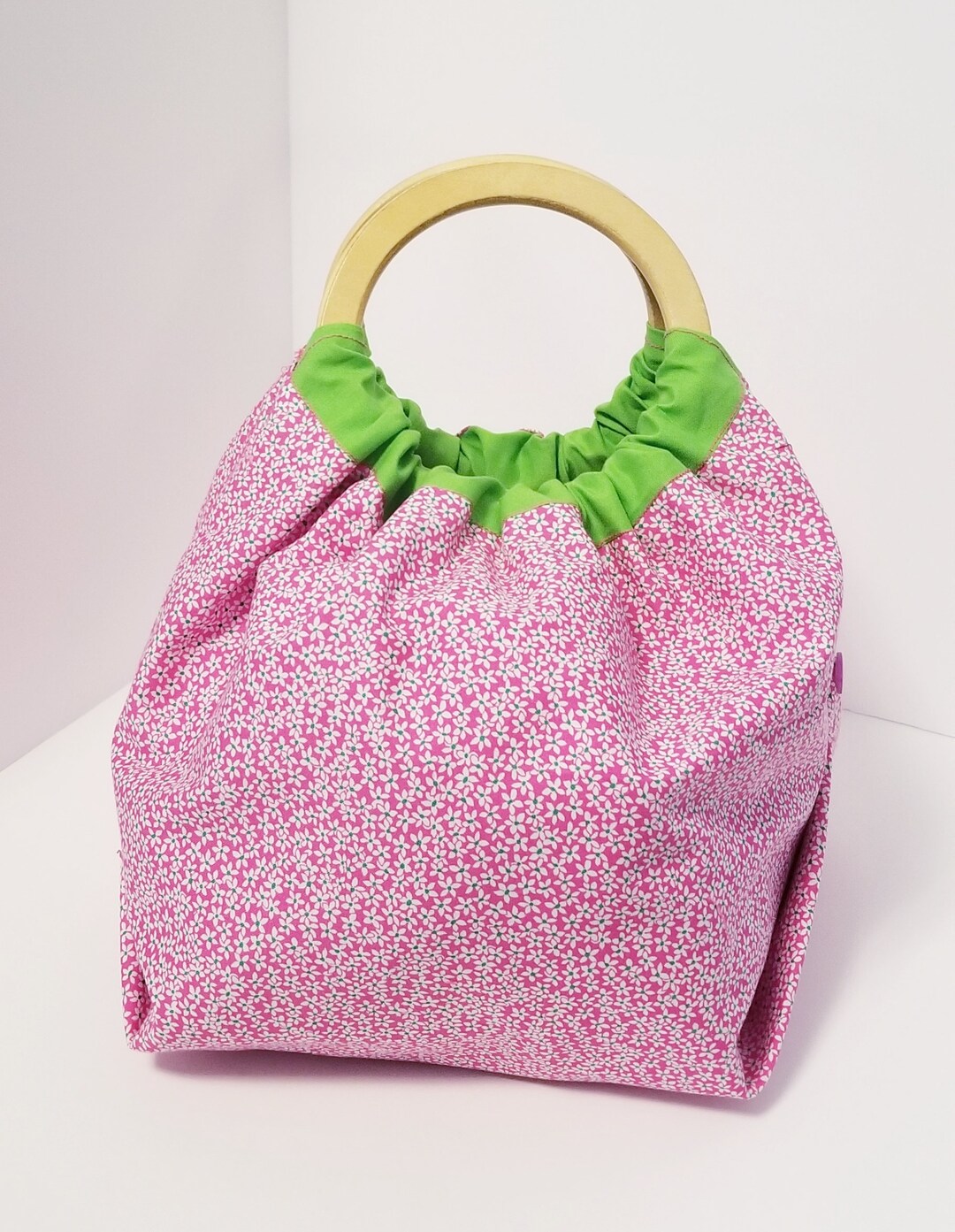 Granny Handbag | Pink Floral 100% Cotton Bag | Cute Handbag | Wooden ...