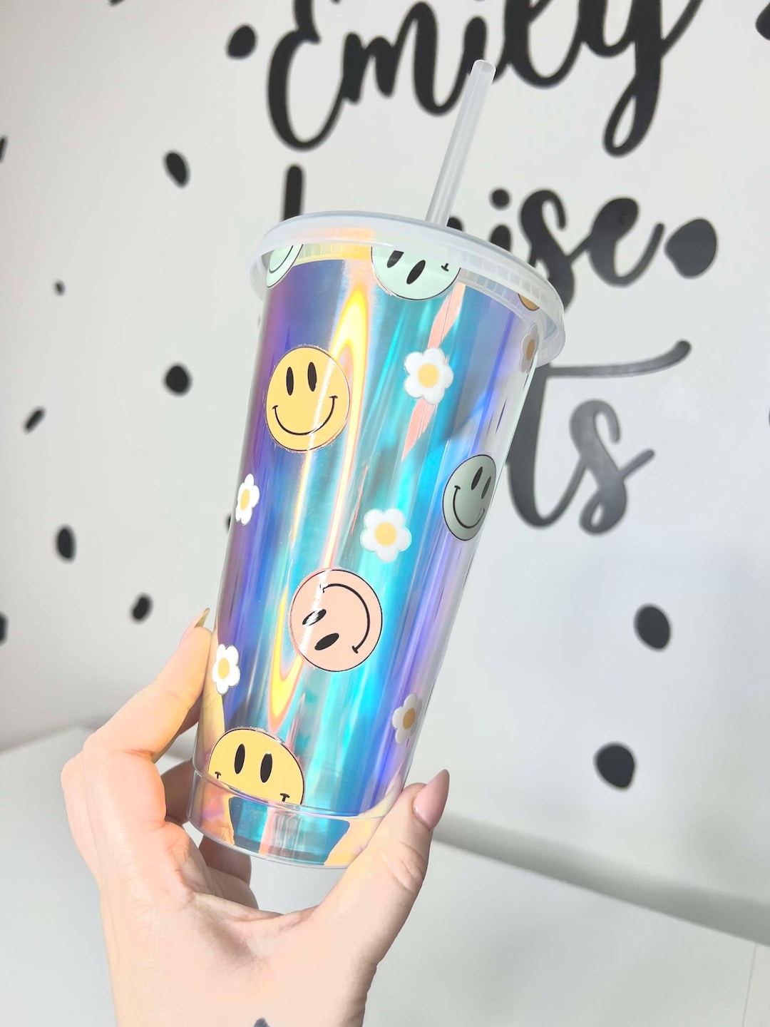 Smiley Face Retro Cold Cup / Drinkware / Uvdtf Holographic - Etsy