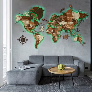 Large 3D Wooden Map of the World With LED Lights LED Lighting - Etsy