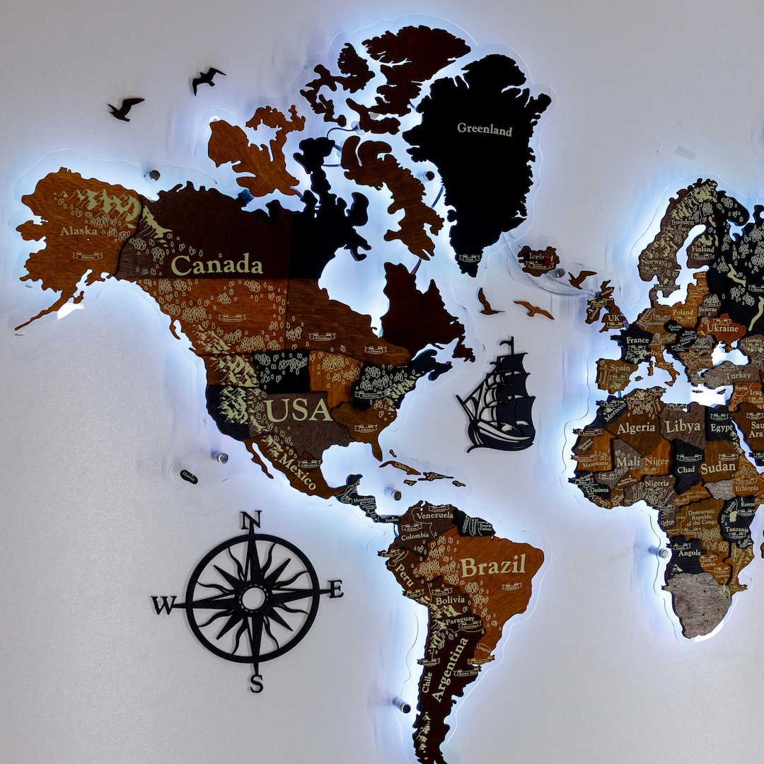 3D World Map With Led, Map of the World, Led Wood Map Wall, Large World ...
