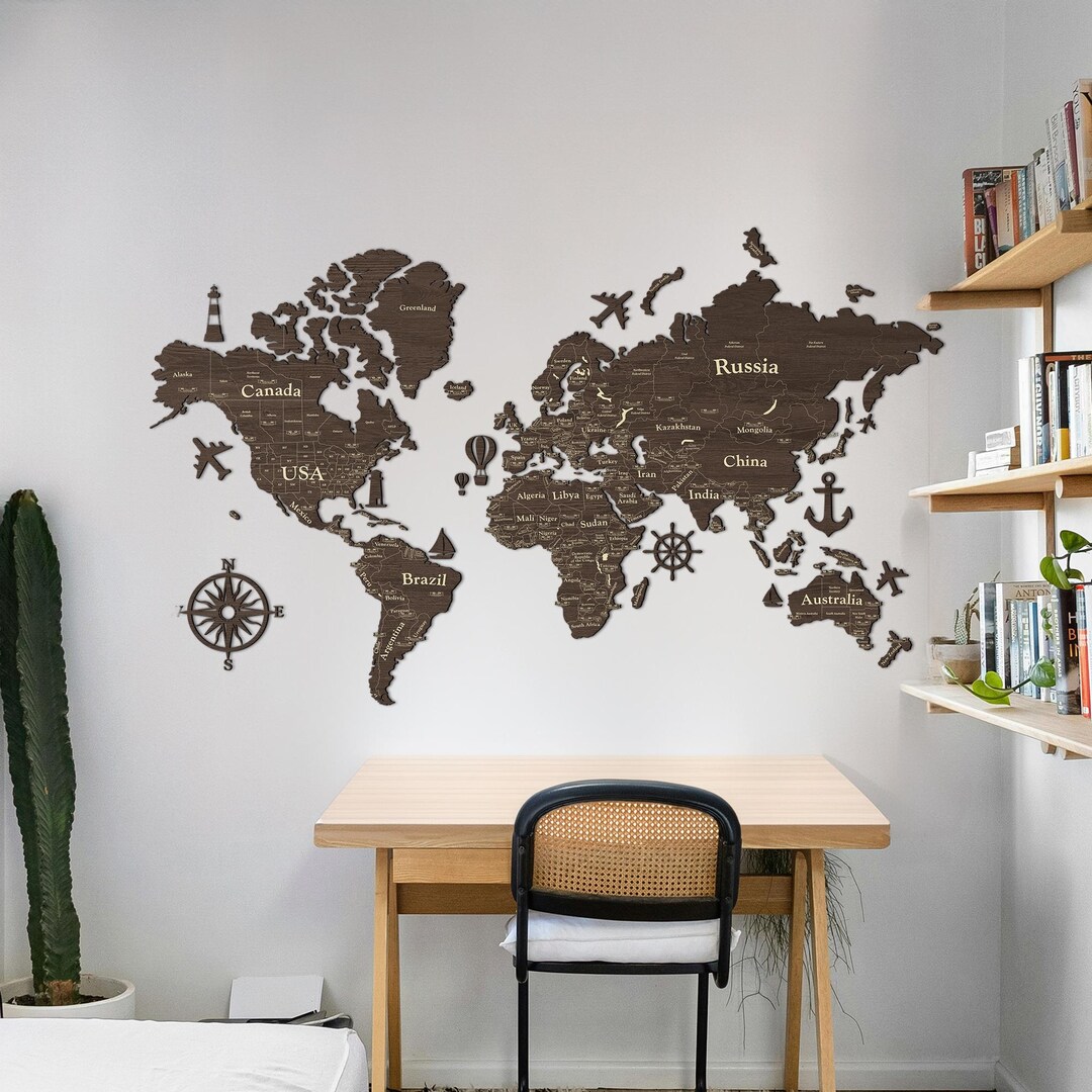 Map of the World Wall Decal, Dark Walnut Wood World Map, Large World ...