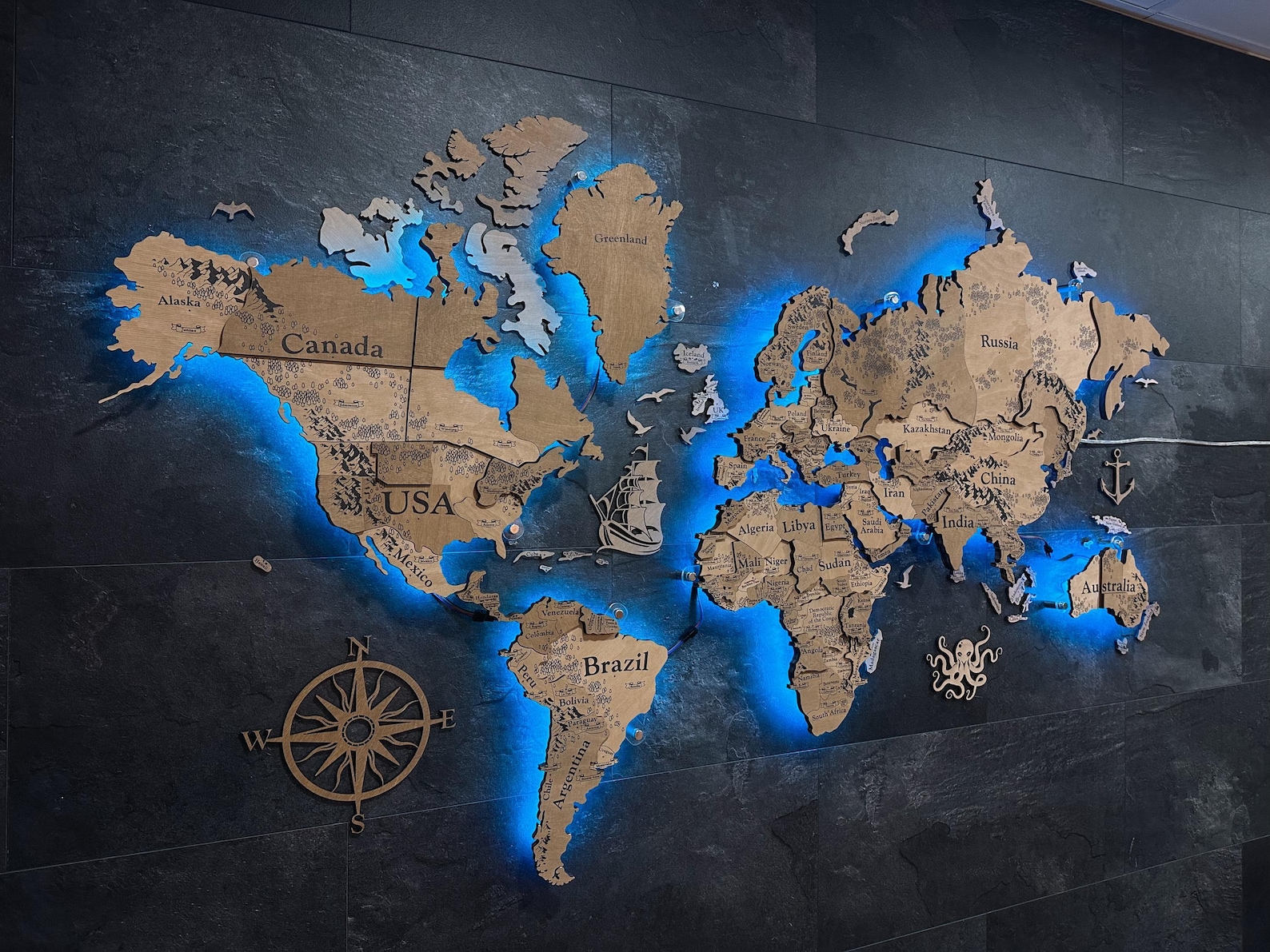 3D LED RGB Map of the World, Neon Map Wall, 3D Wooden World Map ...