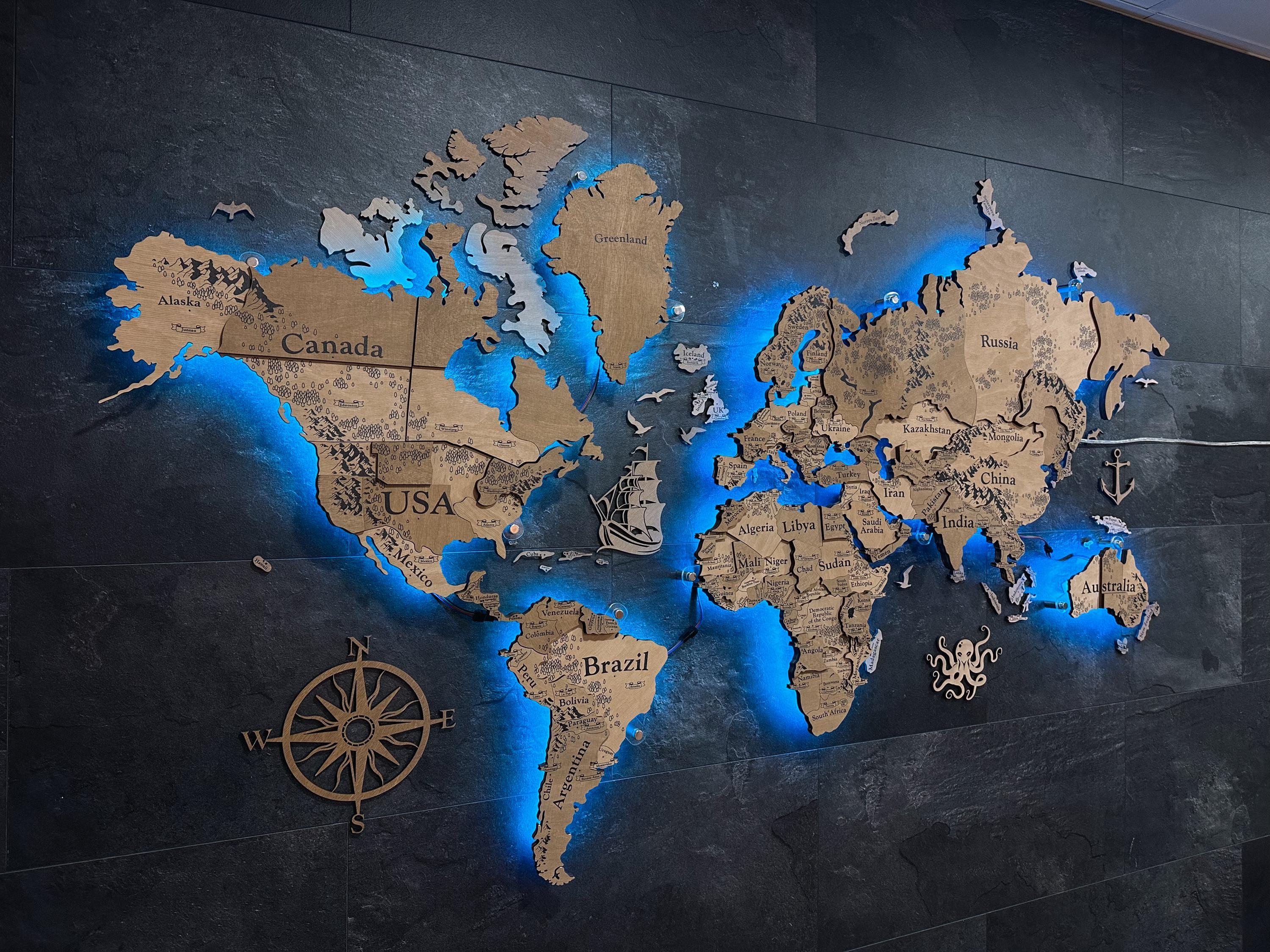 3D LED RGB Map of the World, Neon Map Wall, 3D Wooden World Map ...