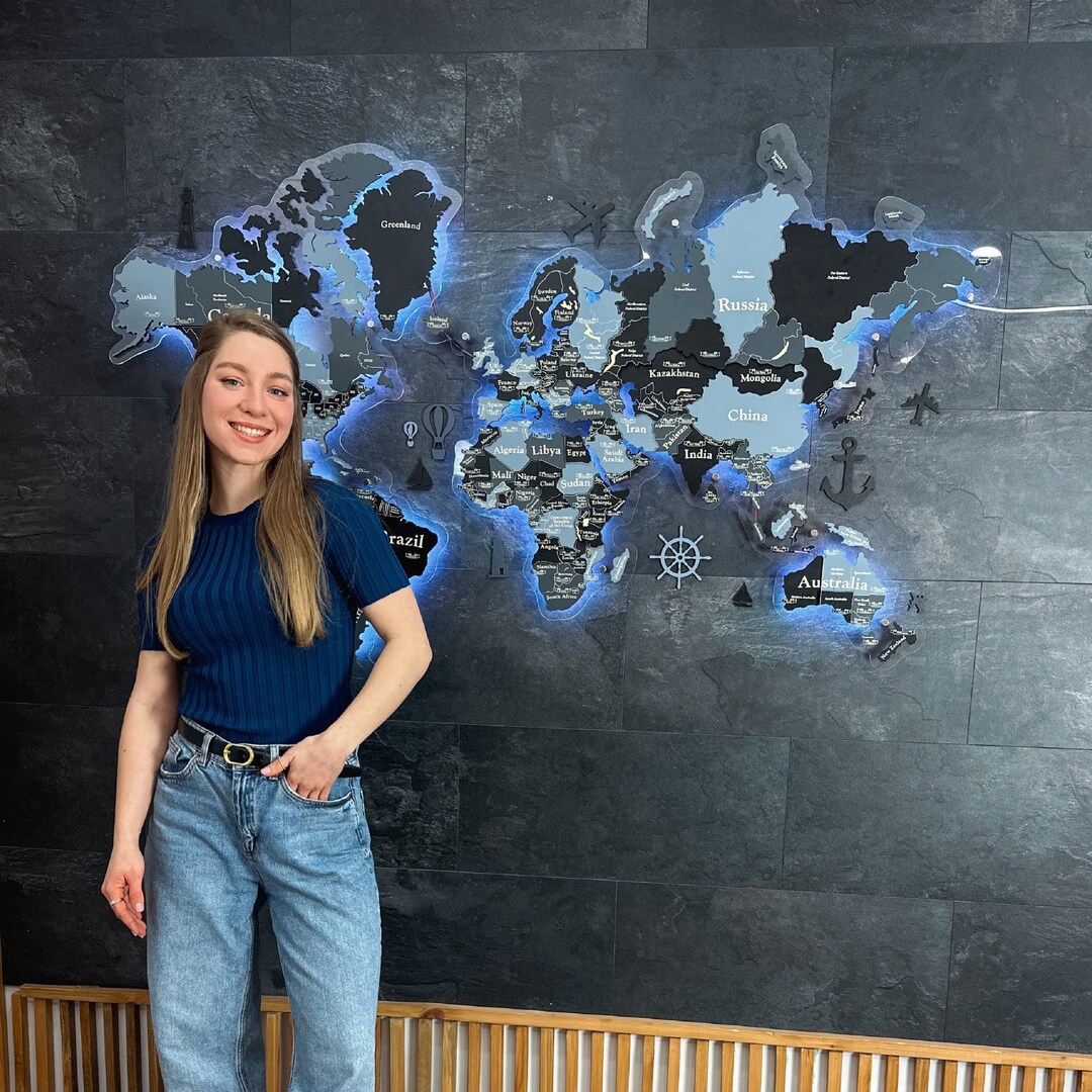 3D LED Wooden Map of the World, Wood Travel Map, Illuminated World Map, Push Pin Map, 3D ...