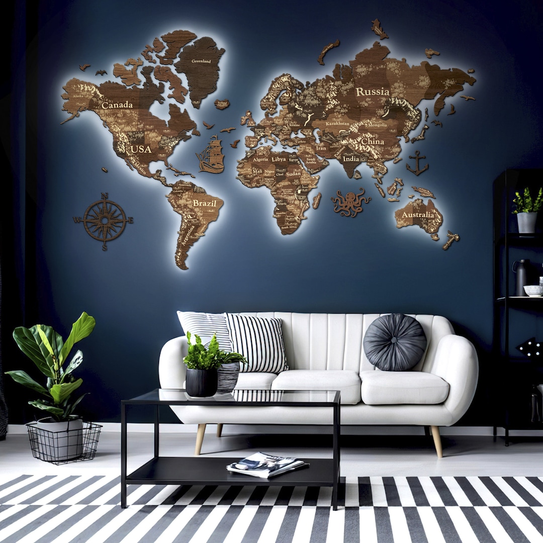 Wooden World Map Wall Decor, Large Wall Art, Gift for Husband, LED Wood ...