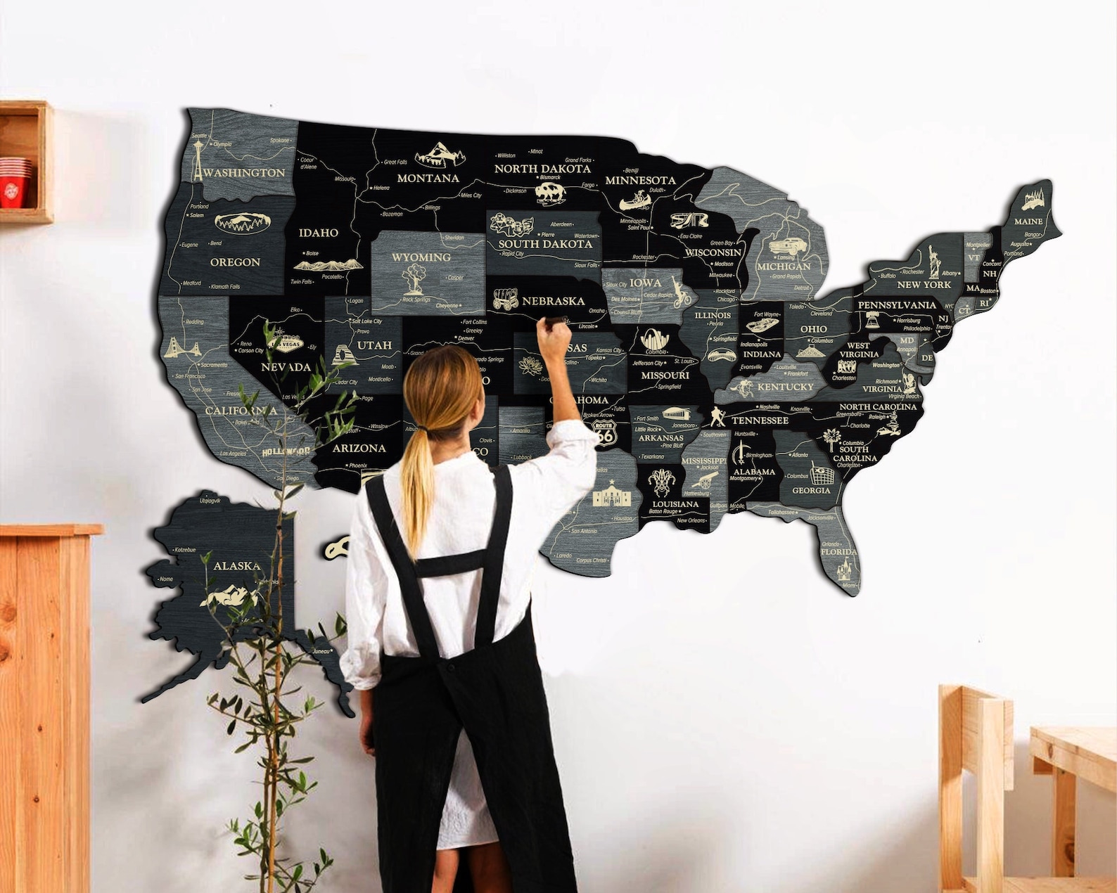 Push Pin US Wall Map Large Wooden 3D USA Map With Famous - Etsy