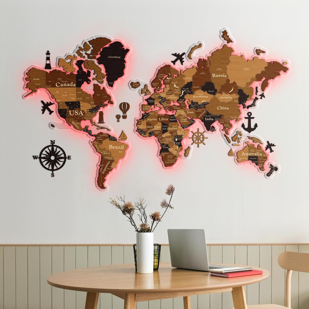 RGB LED 3D Wooden World Map, Led Wall Map Illuminated Decor, Push Pin ...