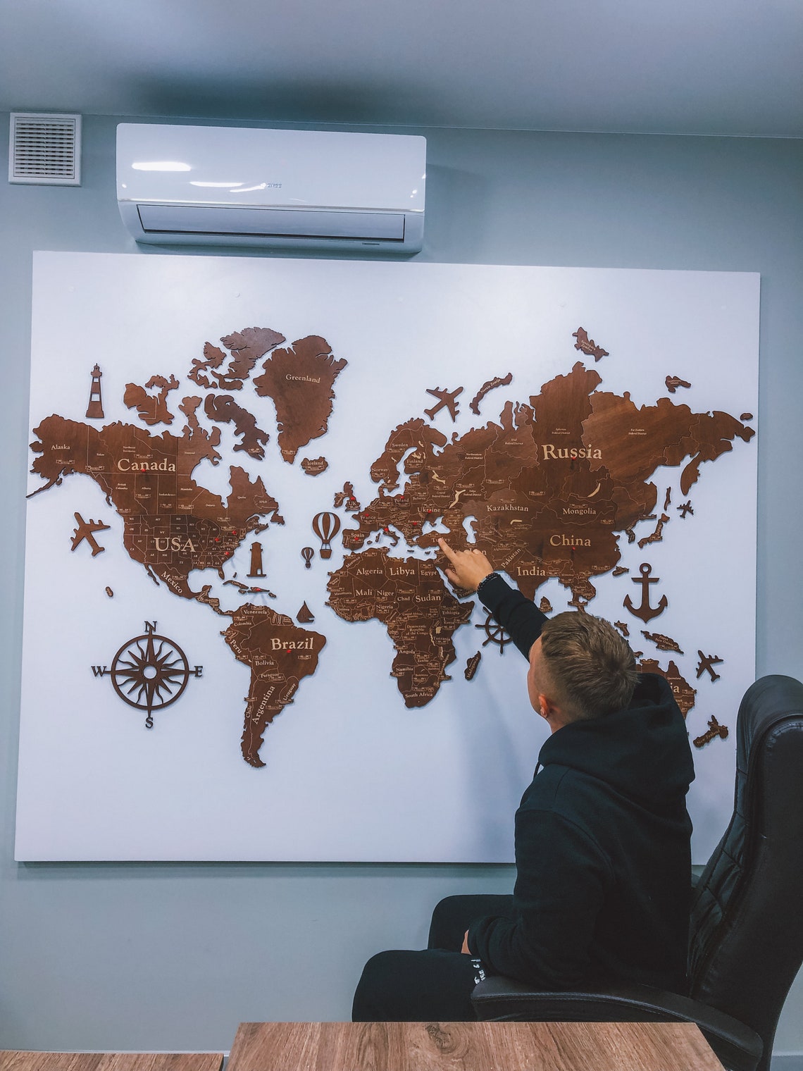 Light Walnut Wood World Map With Borders Countries Capitals | Etsy