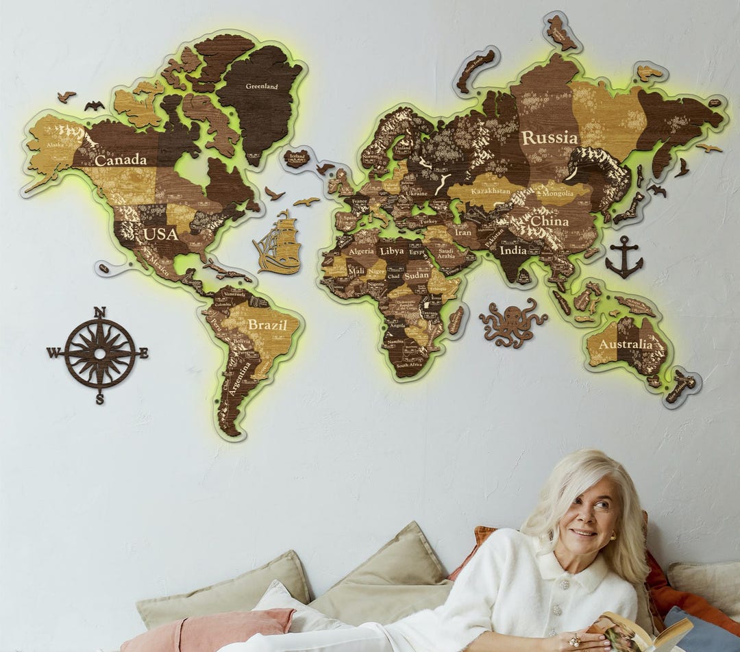 Remote Control RGB LED Wall Map, Large Wood World Map, 3D Wooden Push ...