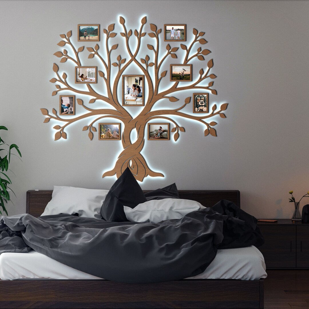 Light Wood Family Tree With Photo Collage Led Decor Wooden - Etsy