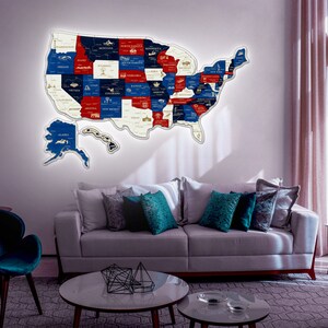 3D Map of United States With Led Lights, Rgb Led Map of USA, Wooden ...