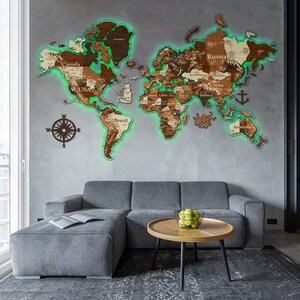 Large 3D Wooden Map of the World With LED Lights, LED Lighting Wall Map ...