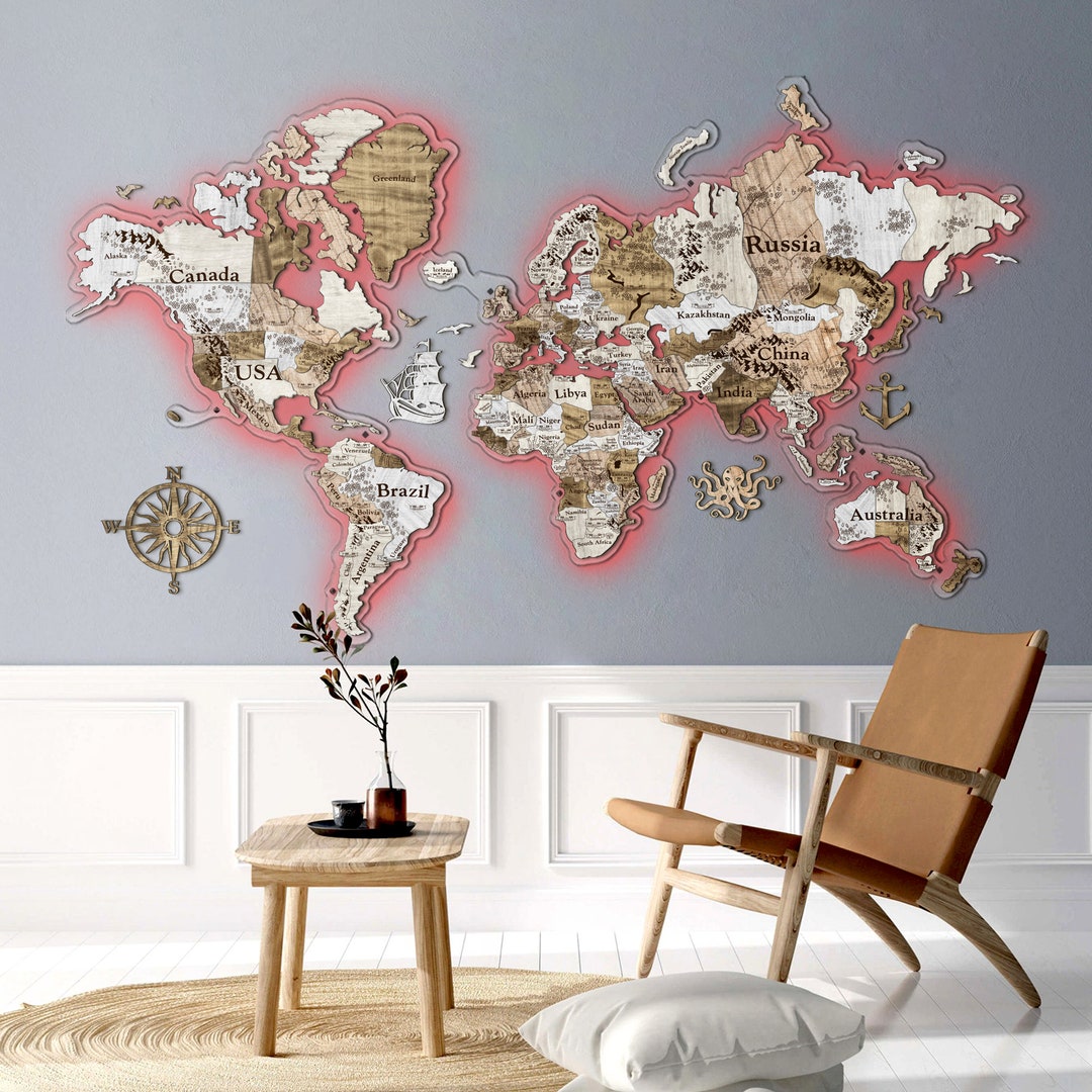 3D Backlit Map, Wood Travel Map, Push Pin Map, Wooden Map of the World ...