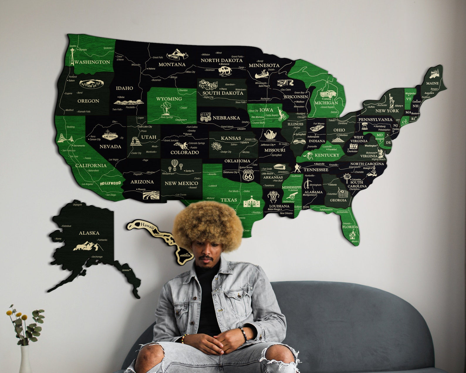 Push Pin US Wall Map, Large Wooden 3D USA Map With Famous Landmarks ...