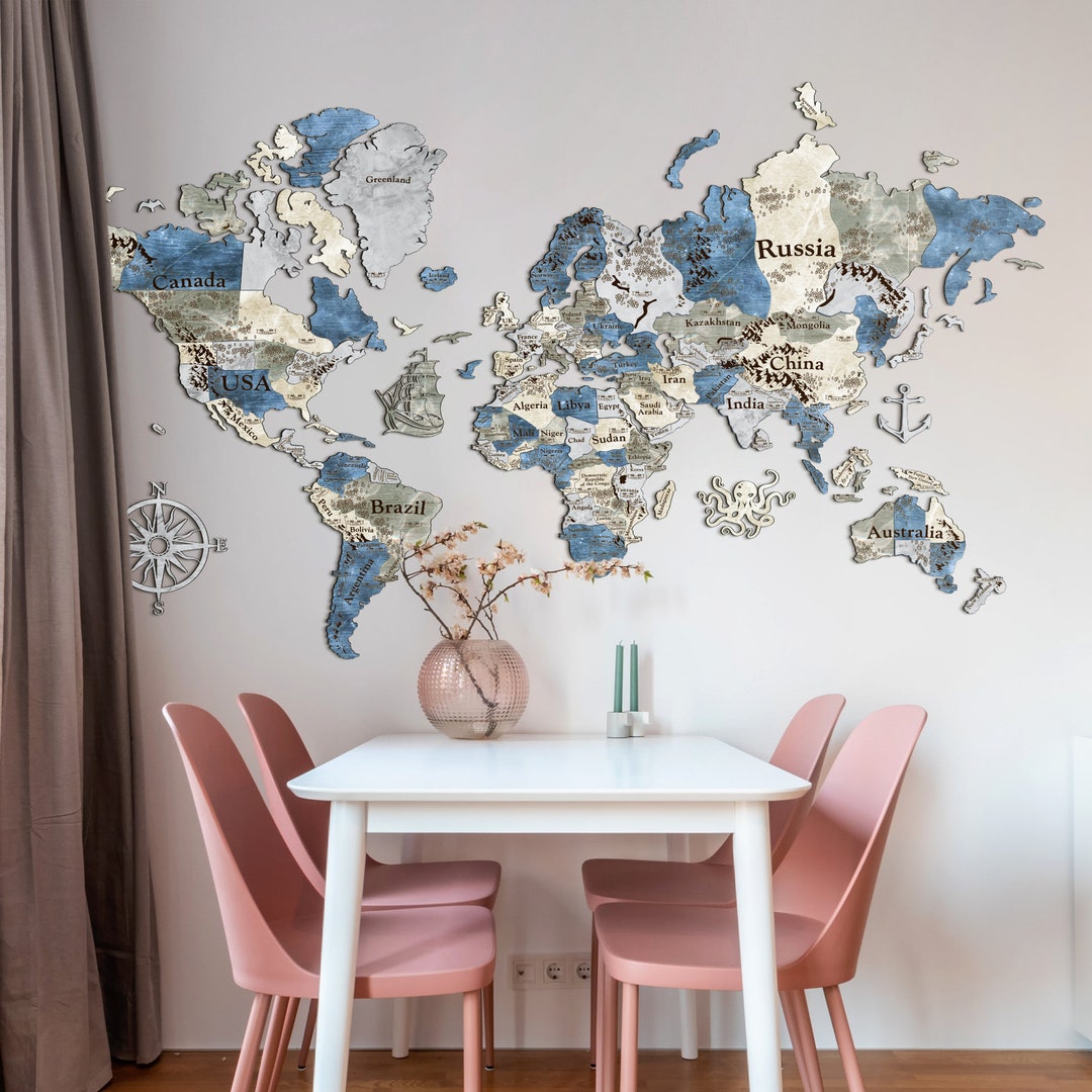 Extra Large 3D Wooden World Map, Blue Wall Map of the World, Laser Cut ...
