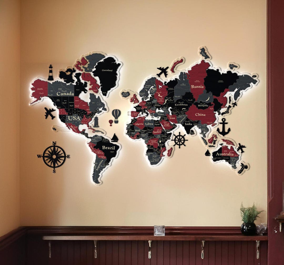World Map Push Pin Wall Art, World Map Board, LED Wooden World Map Travel Map, Pin Board ...