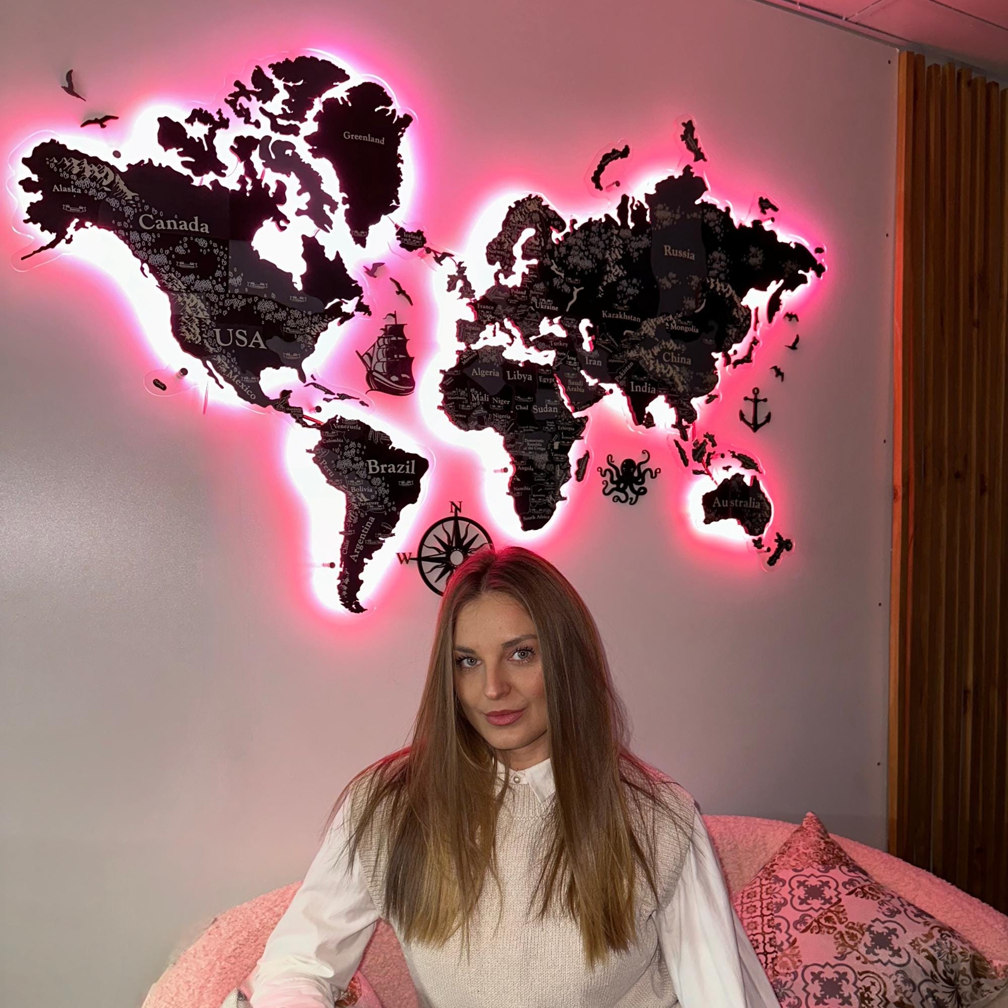 3D LED RGB Map of the World, Neon Map Wall, 3D Wooden World Map ...