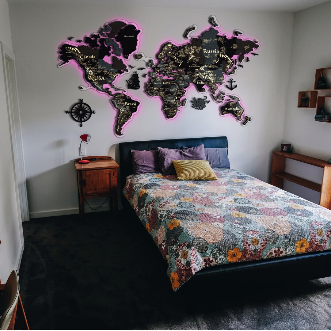 3D Led Backlight Map, Large Wall Map, RGB LED 3D Wood Family Travel Map ...