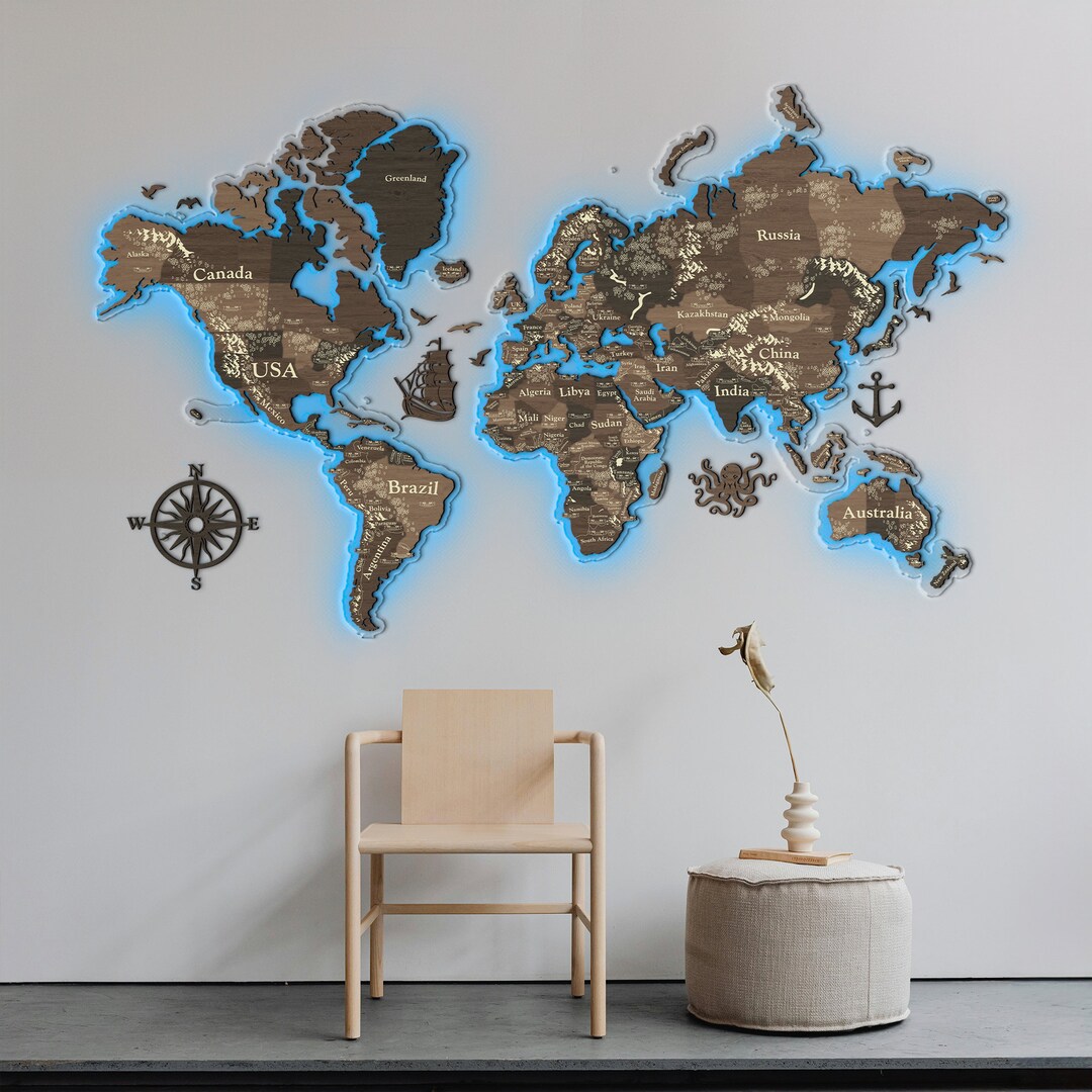 LED Lighting Wall Map, Push Pin World Map, Led Wall Art, Large Wood World Map, Apartment Decor ...