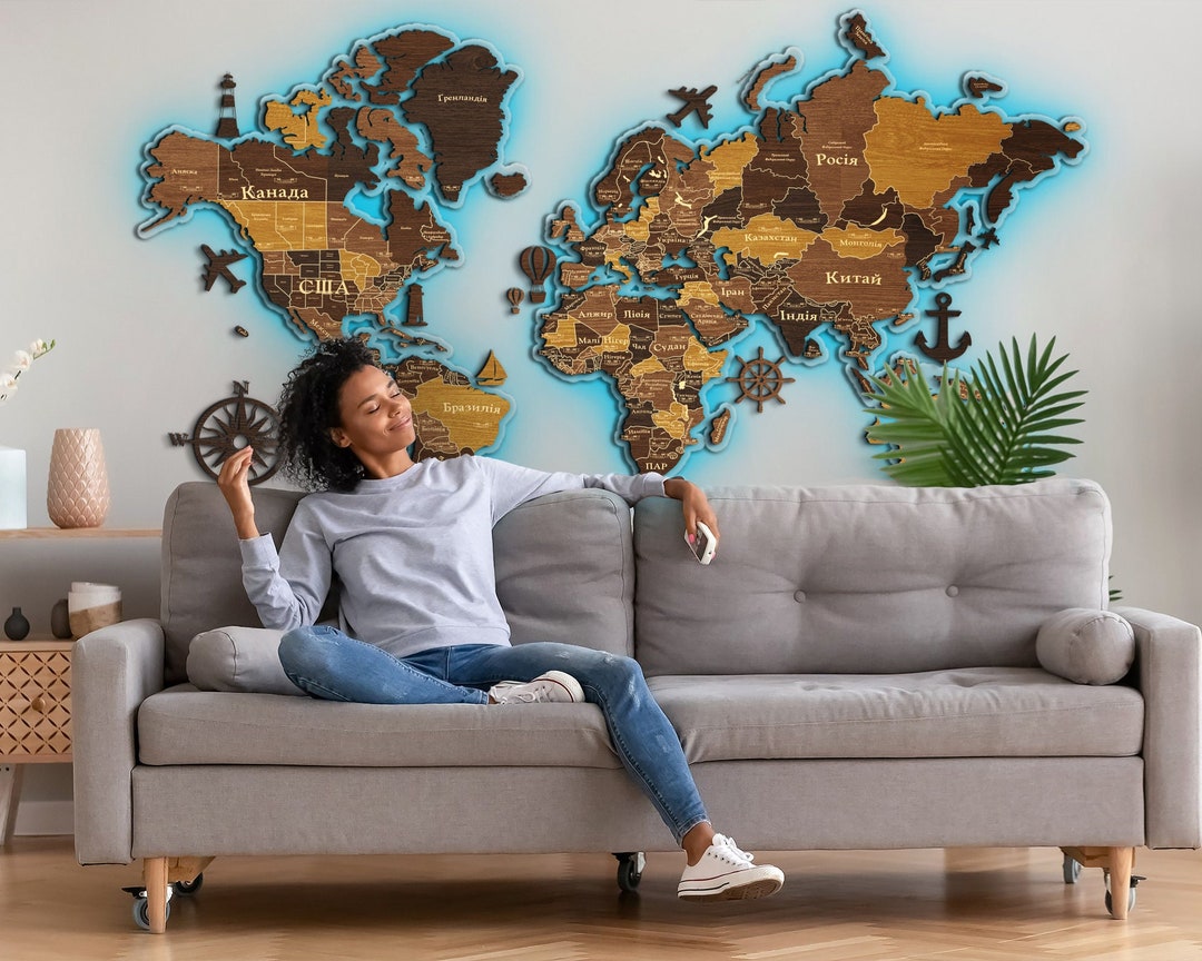 Led Wall Map Illuminated Decor Large World Map RGB LED 3D - Etsy