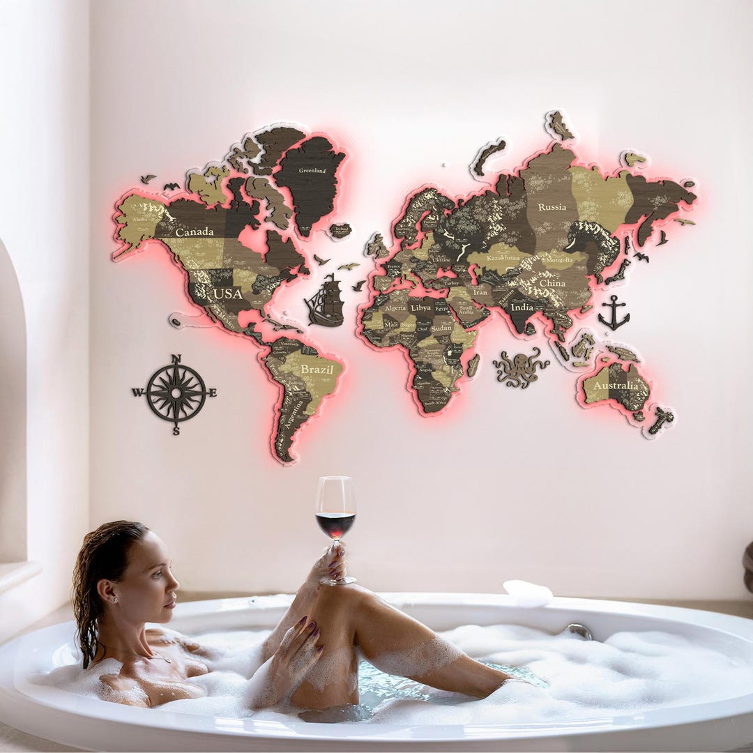 World Map With LED Lighting, Wooden Push Pin Map, 3D Led Backlight Map, RGB Led 3D Wood Family ...