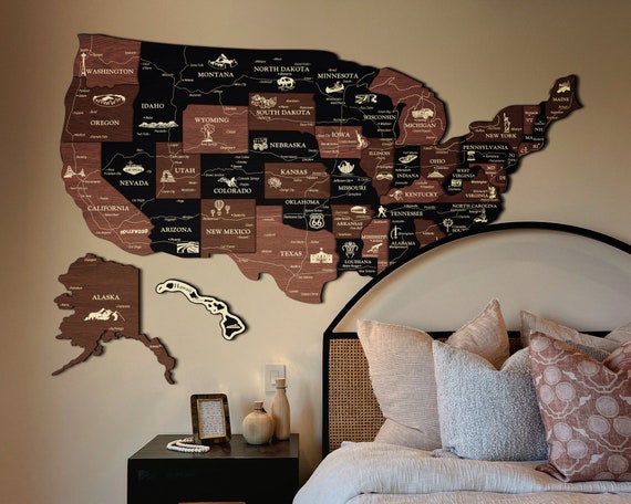 Large Push Pin US Wall Map Wooden 3D USA Map With Famous - Etsy