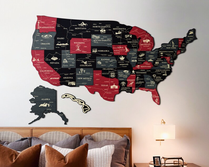 Push Pin US Wall Map Large Wooden 3D USA Map With Famous - Etsy