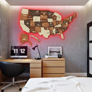 3D Map of United States With Led Lights, Rgb Led Map of USA, Wooden ...