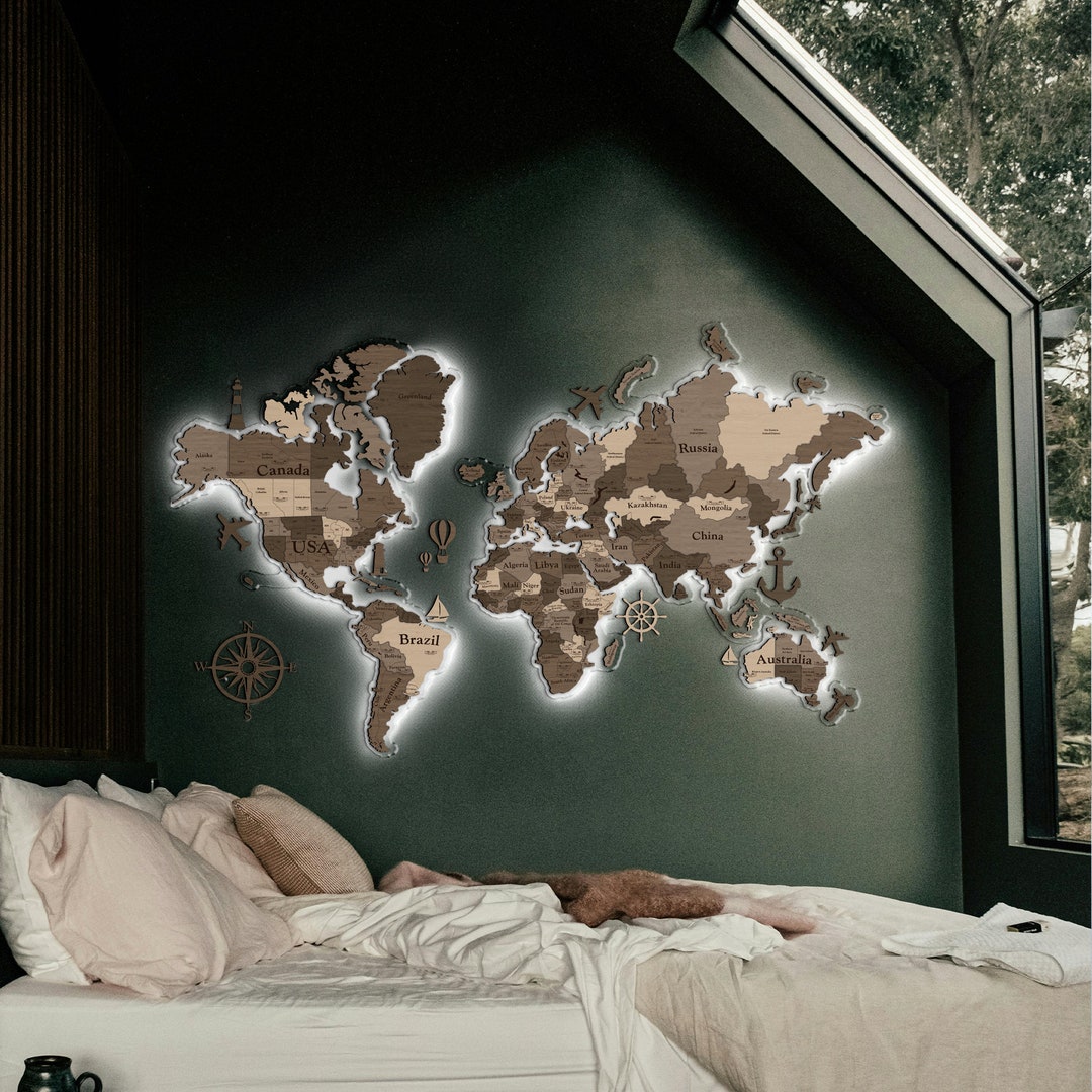 3D Backlit Map, Wood Travel Map, 3D Led World Map, 3D Push Pin Map With ...