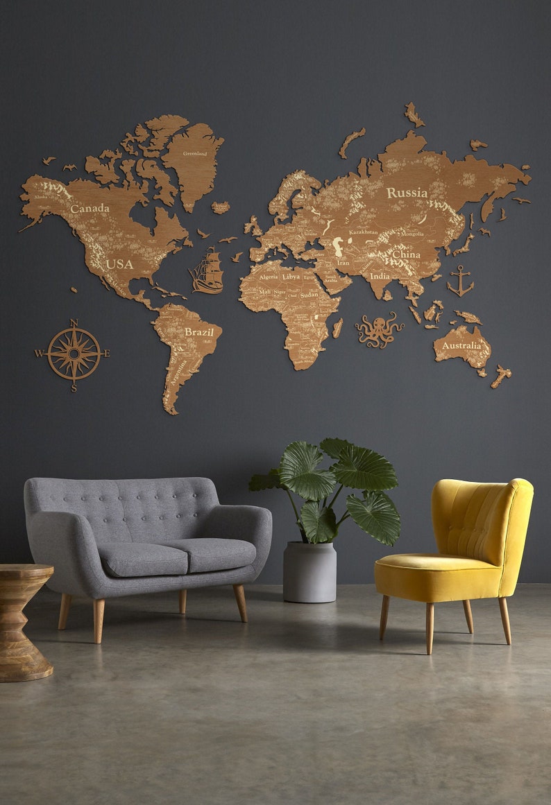 World Wall Map With Etched Names of Countries World Travel - Etsy