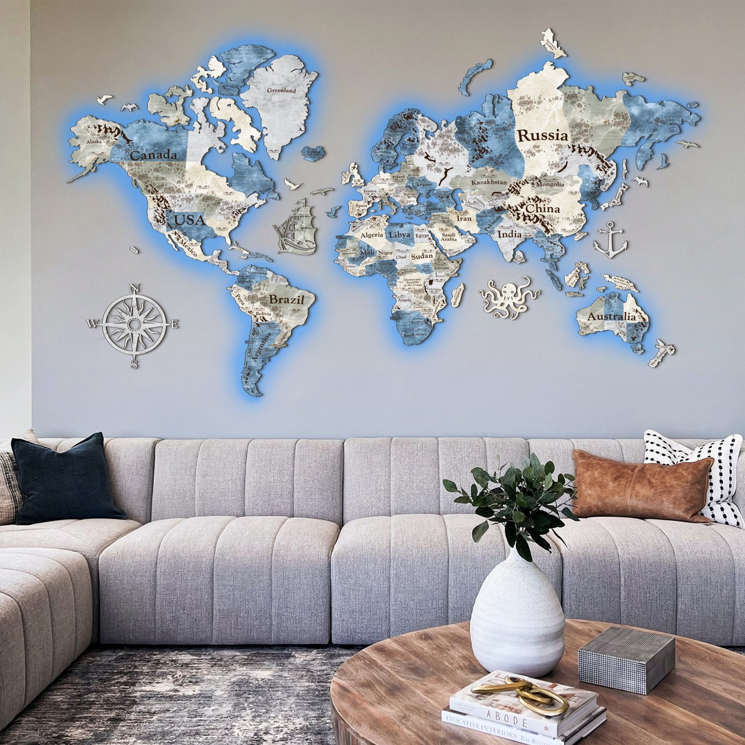 3D LED Wooden Map of the World, Illuminated Map, Led 3D Wall Map Art ...