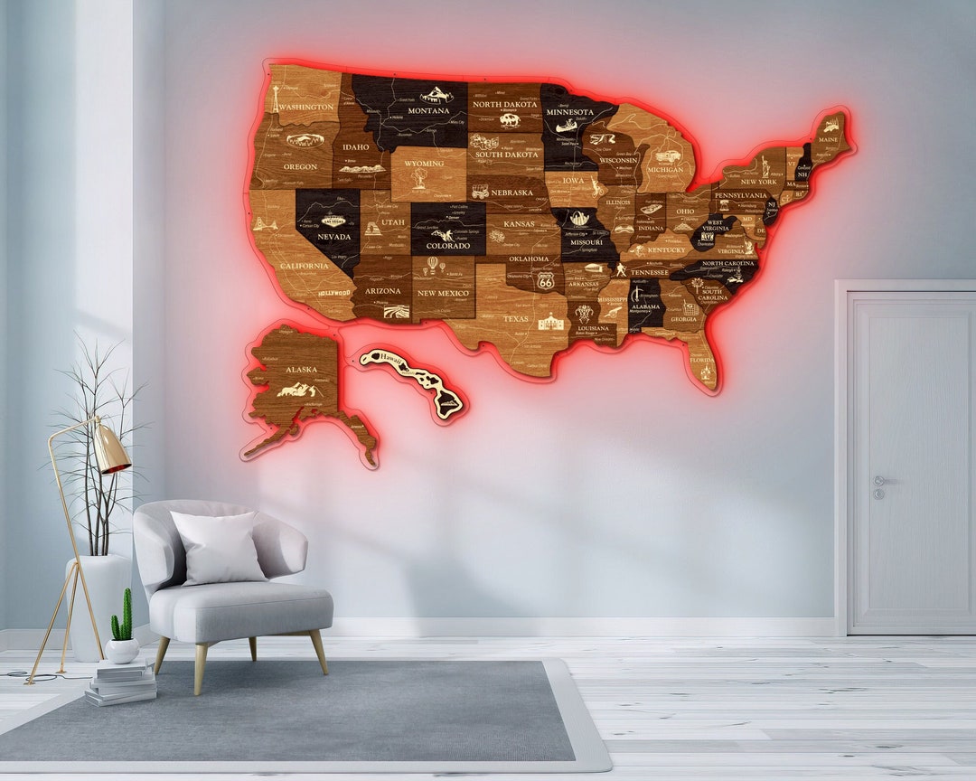 USA Wooden Wall Map, LED US Travel Map, Apartment Decor New Apartment ...
