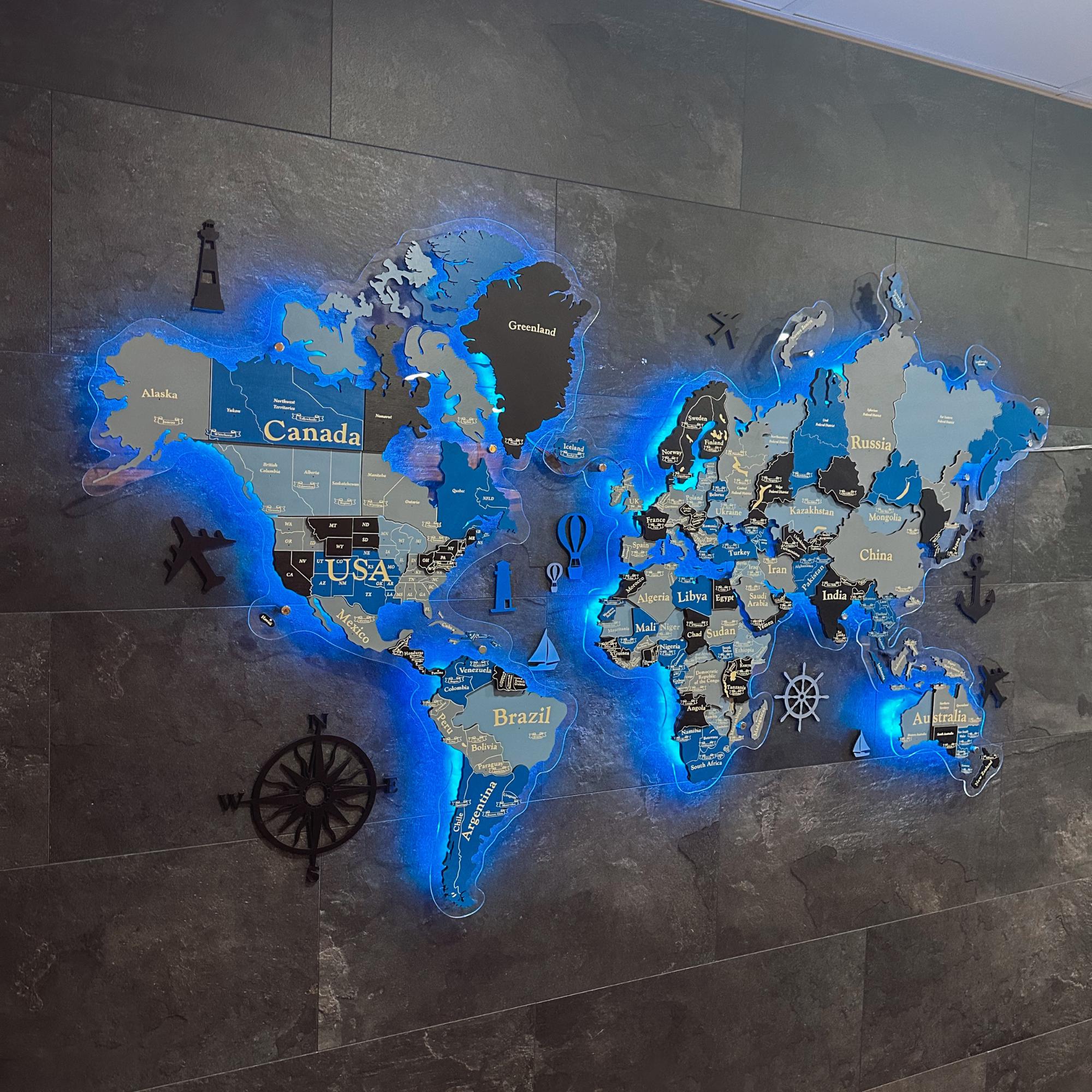 3D Led World Map, Push Pin Map, Gift for Family, 3D Backlight Map, Wood ...