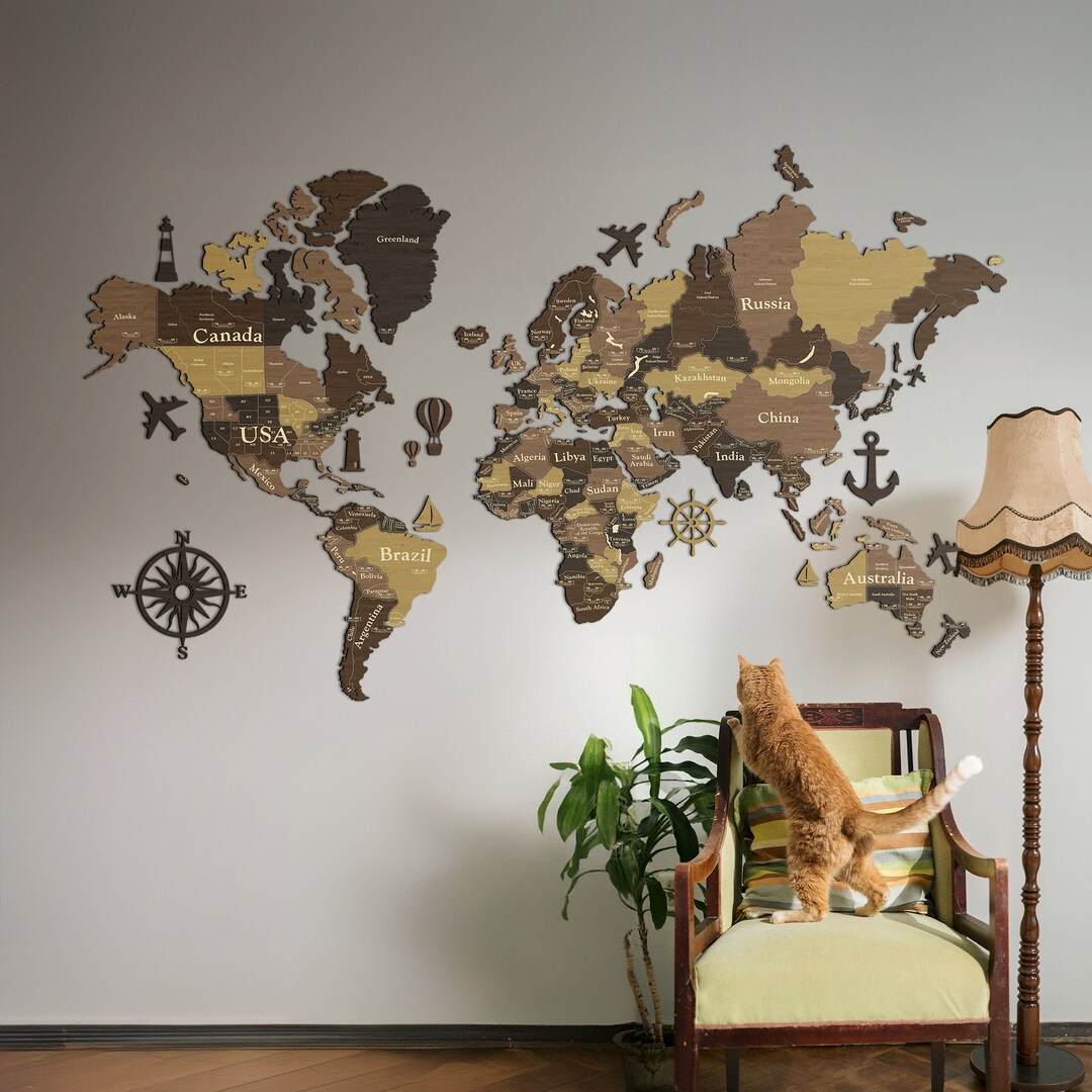 World Map Push Pin Wall Art, Above Bed Decor, Wooden World Map Travel ...