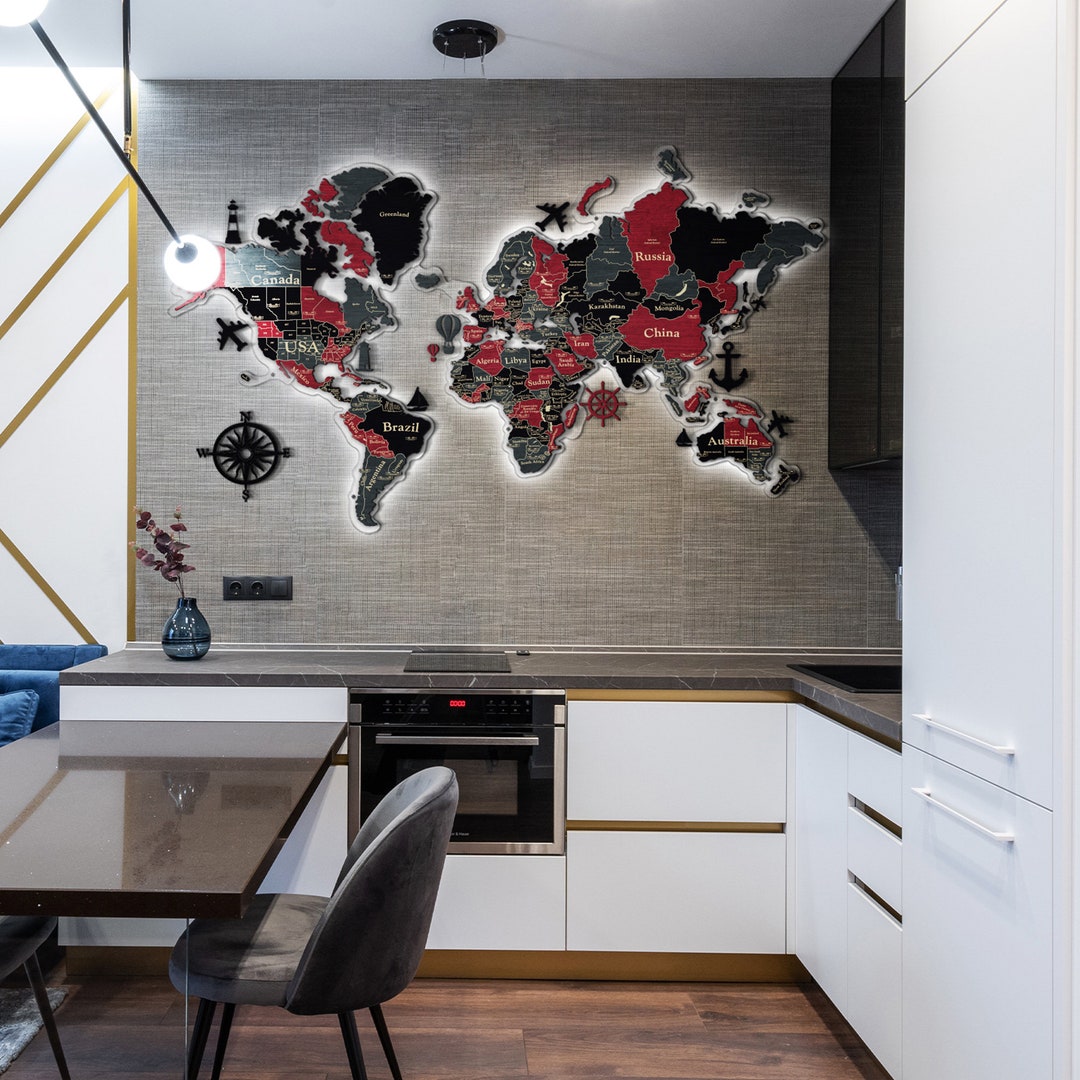 3D Led Wall Light Map, 3D LED Wooden Map of the World, RGB LED Lighting ...