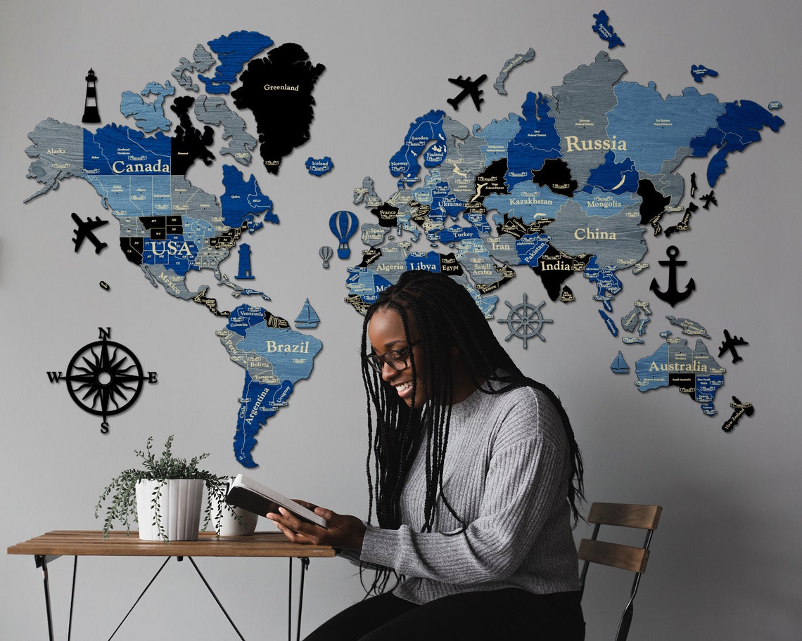 3D Wooden Push Pin Map Wood Wall Map Collage 3D Map of the - Etsy