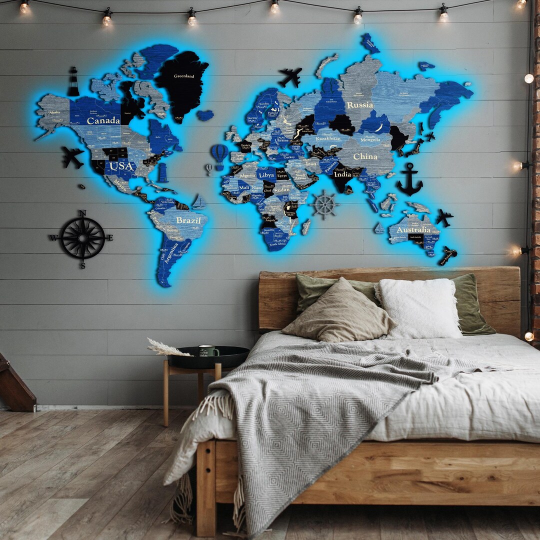 Illuminated World Map, 3D Led World Map, Push Pin Map, 3D Backlight Map, Wood Travel Map, Gift ...