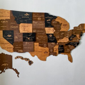 Large Push Pin Map of United States, Wooden 3D USA Map With Famous ...