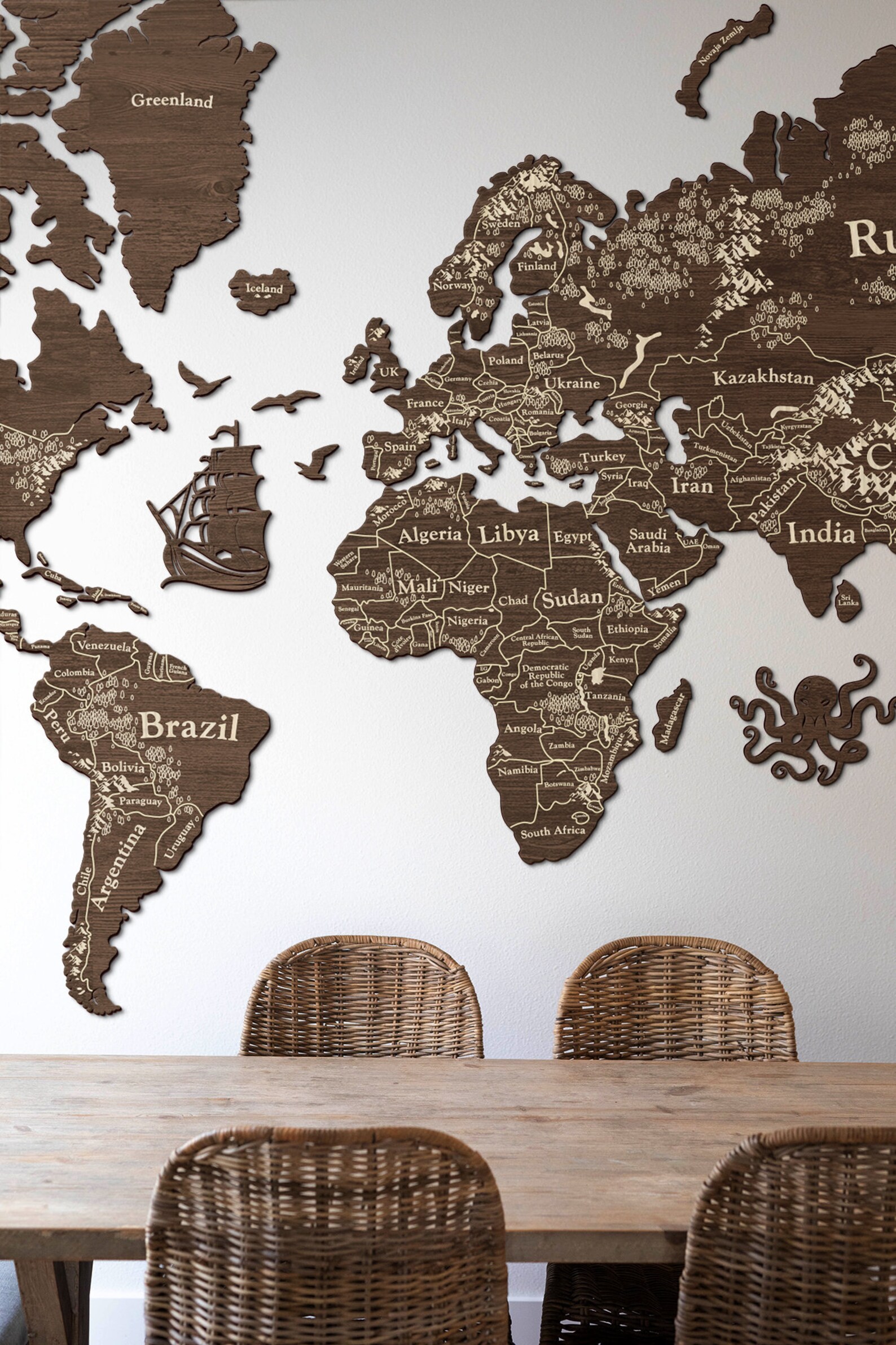 Extra Large Wooden World Map With Borders Countries Capitals - Etsy