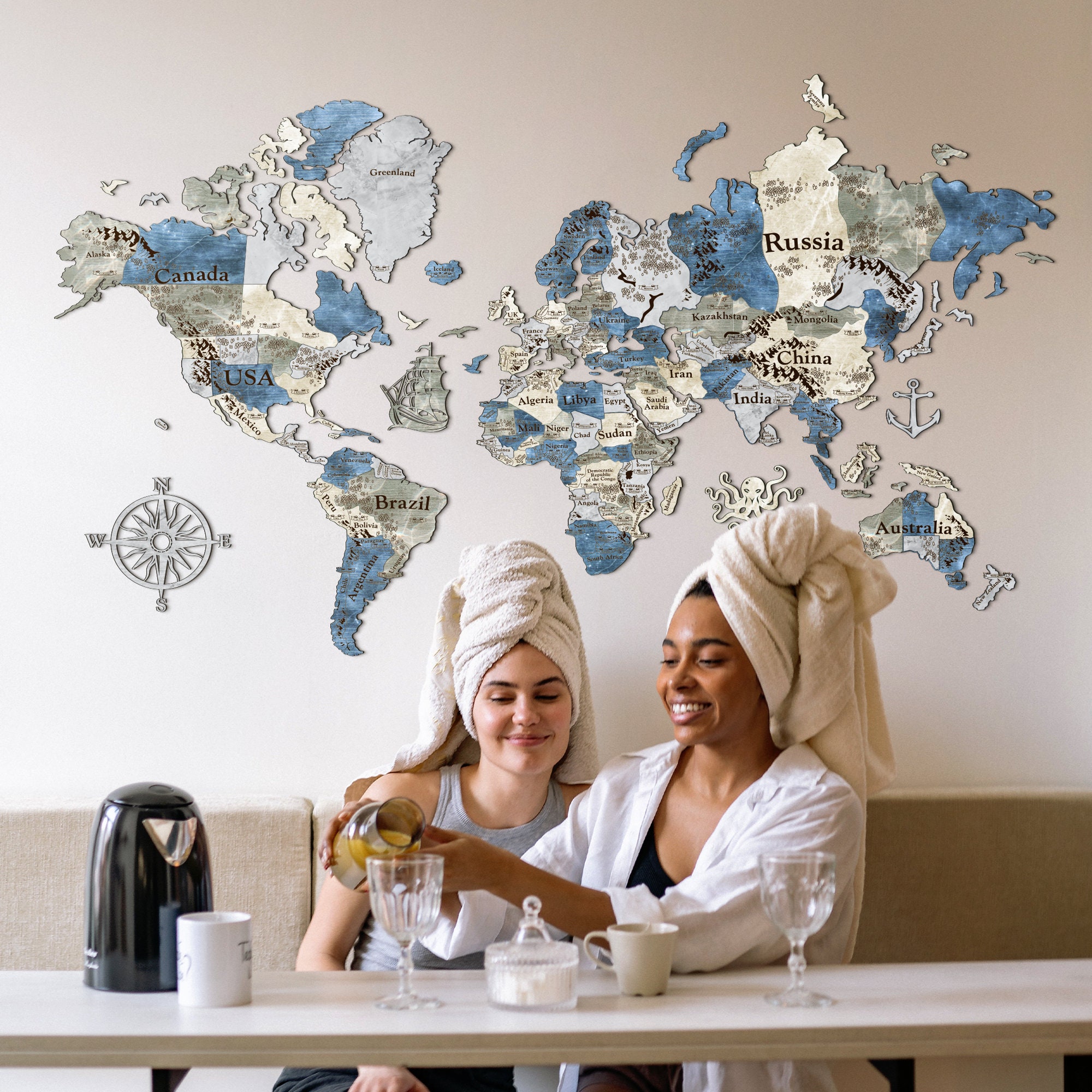 3D World Map Blue Wall Map of the World Wood Push Pin Travel - Etsy Canada